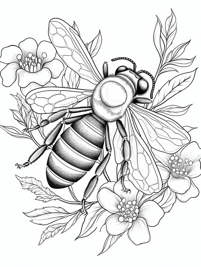 Spring Bee and Honey Coloring Book Page in Black and White for Kids and ...
