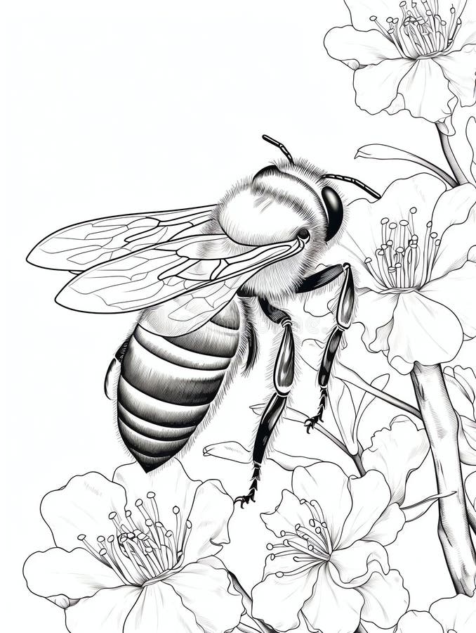 Spring Bee with Pollen Covered Legs Coloring Book Page in Black and ...