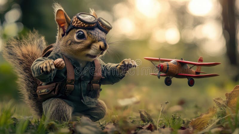 Squirrel Aviator with Vintage Goggles Playing with Toy Airplane Stock ...
