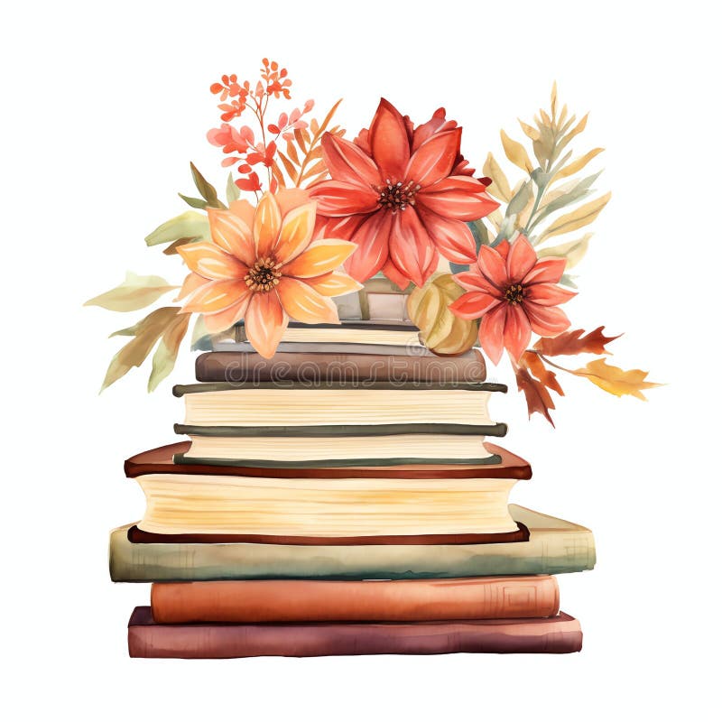 Stack of Books with Flowers Watercolor Autumn Time Illustration for ...