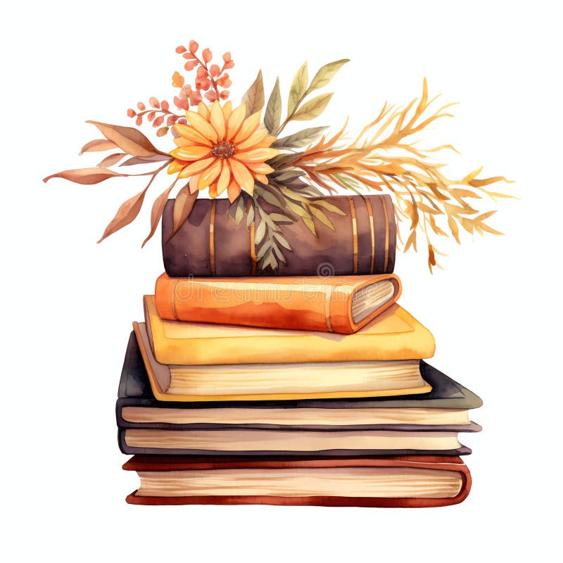 Stack of Books with Flowers Watercolor Autumn Time Illustration for ...