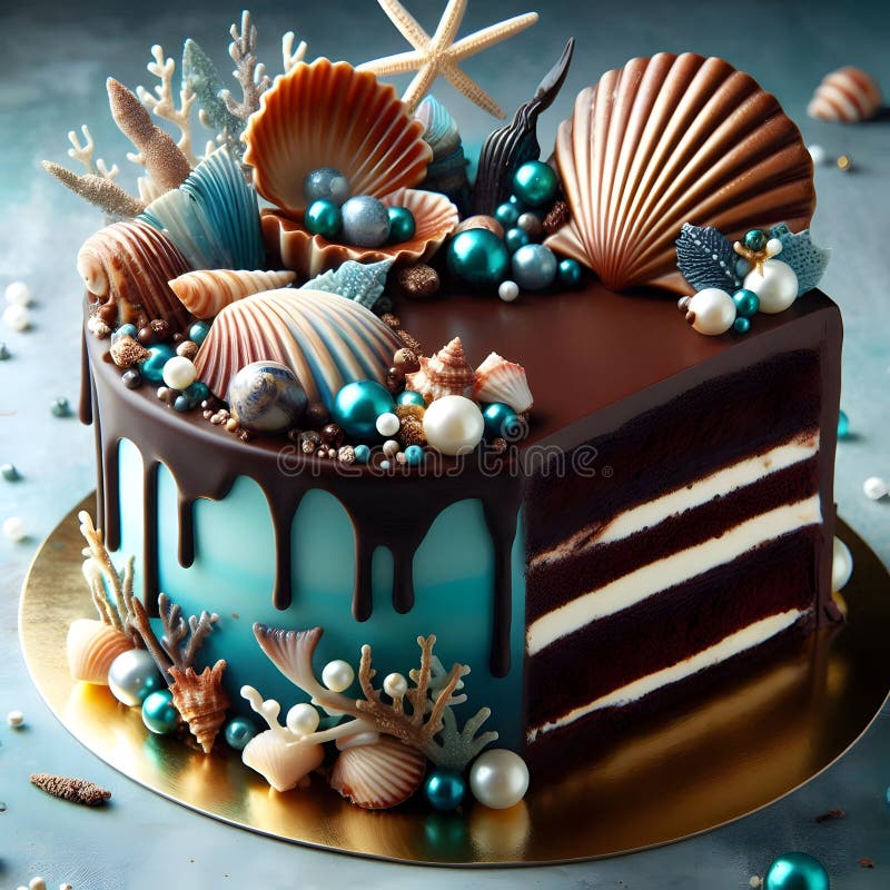 Ocean-Themed Chocolate Cake with Artistic Decorations Stock ...