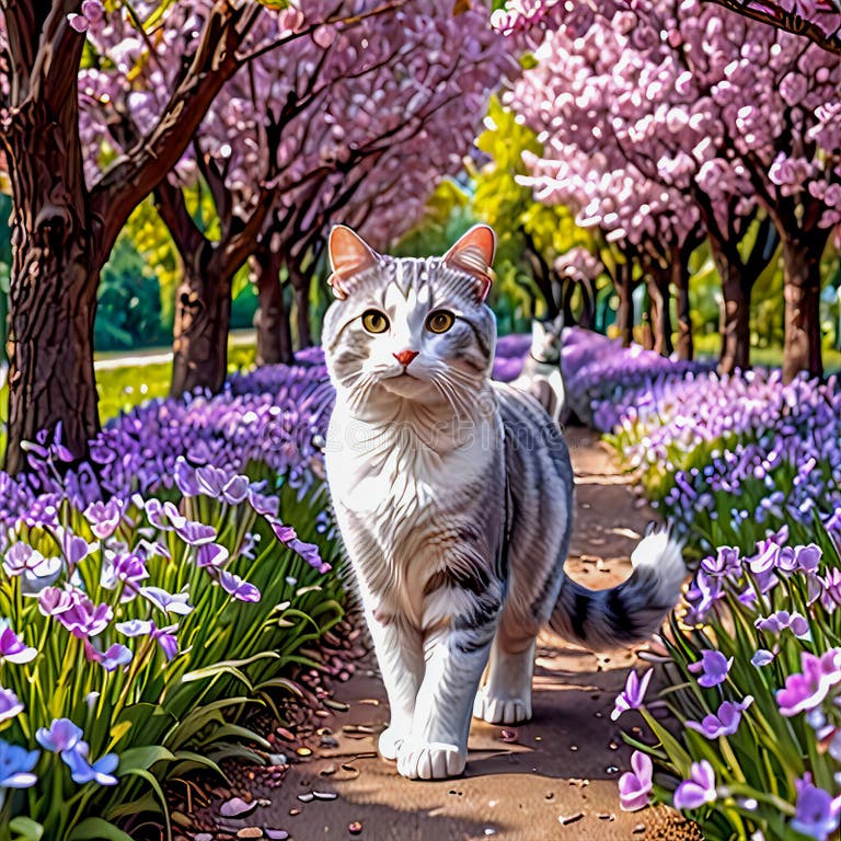 AI-generated Image of a Tabby Cat Walking on a Path Surrounded by Purple Flowers and Cherry ...