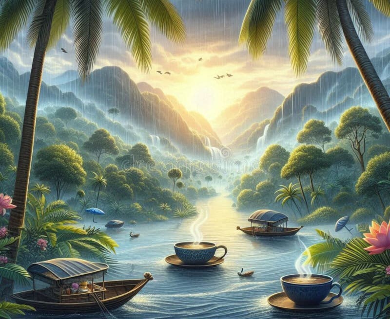 AI Generated Image: Teacup, Retro Comic, Fresh Tea, Organic Lemon Tea, River, Sun, Silver Rain ...