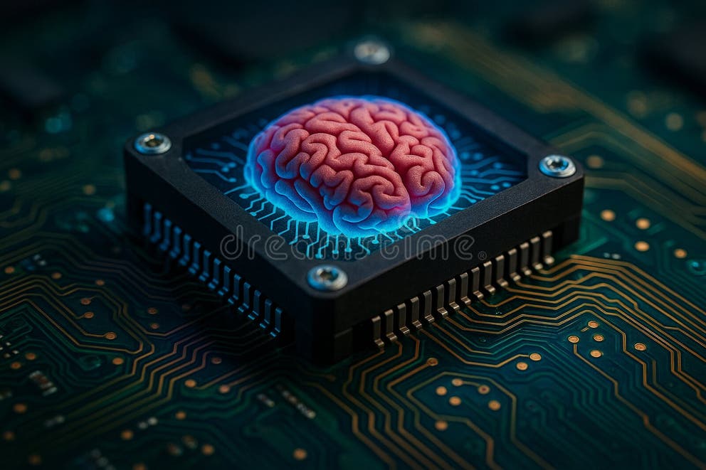 AI Generated Image of a Tiny Human Brain Embedded in a Computer Chip on ...