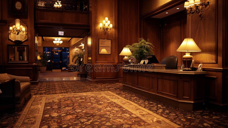 Cozy Hotel Check-in Desk with Warm Lighting and Plush Decor Stock ...
