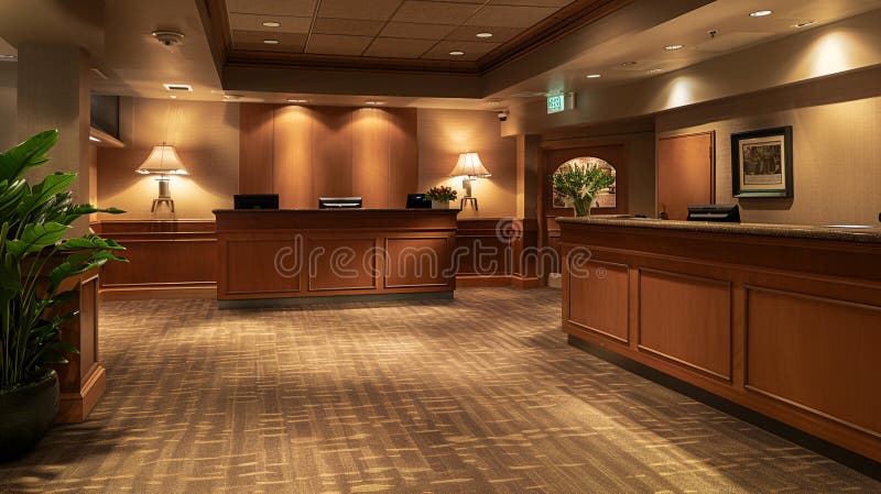 Cozy Hotel Check-in Desk with Warm Lighting and Plush Decor Stock ...