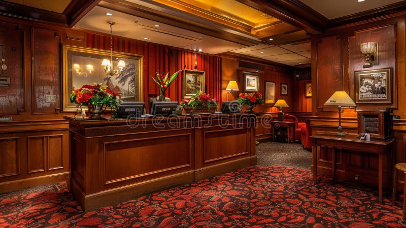 Cozy Hotel Check-in Desk with Warm Lighting and Plush Decor Stock ...