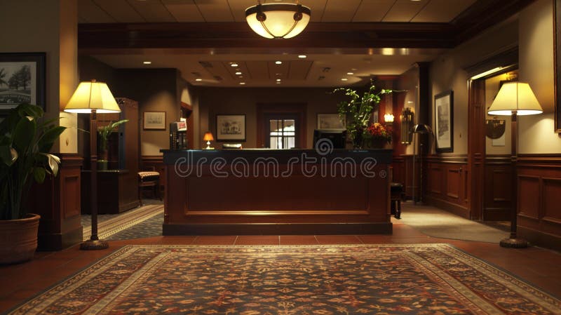 Cozy Hotel Check-in Desk with Warm Lighting and Plush Decor Stock ...