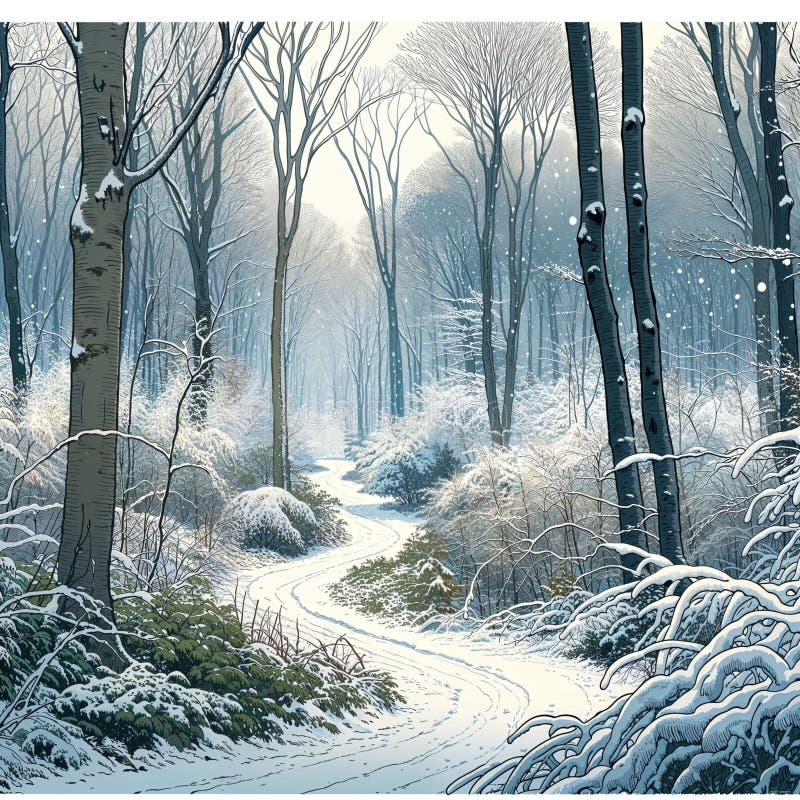 AI-generated Image of a Tranquil Snowy Forest Path, Illustrated in a ...
