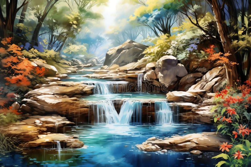 Tranquil Waterfall in the Forest Self Care Background Stock ...