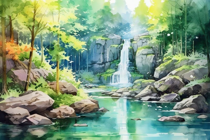 Tranquil Waterfall in the Forest Self Care Background Stock ...