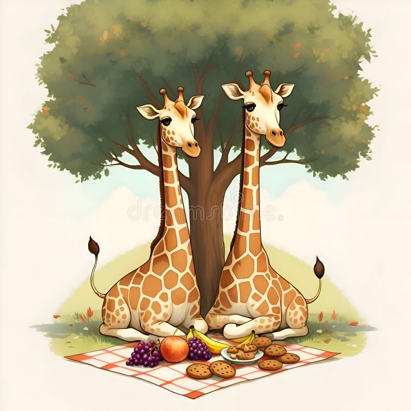 AI-Generated Image of Two Giraffes Having a Picnic Under a Tree Stock ...