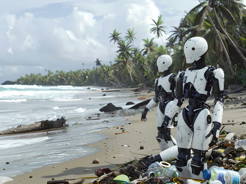AI-Generated Image of Two Robots Observing Plastic Waste on a Tropical ...