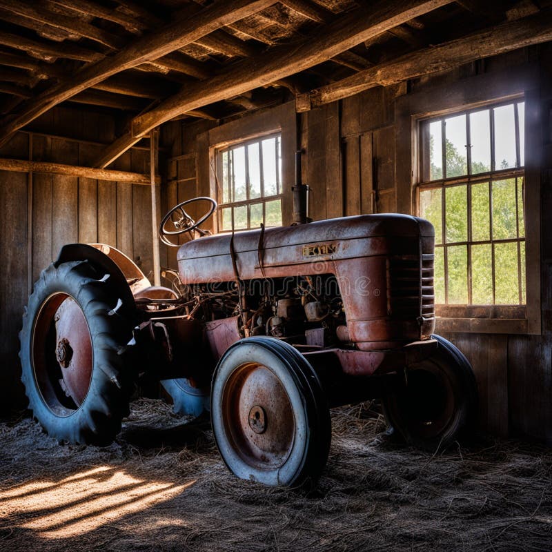 Old Tractor Abandoned in an Old Barn Stock Illustration - Illustration ...