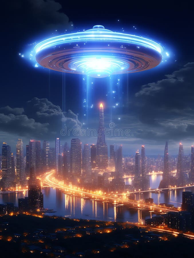 UFO Hovering Over a City Skyline with Lights Flashing Sci Fi ...