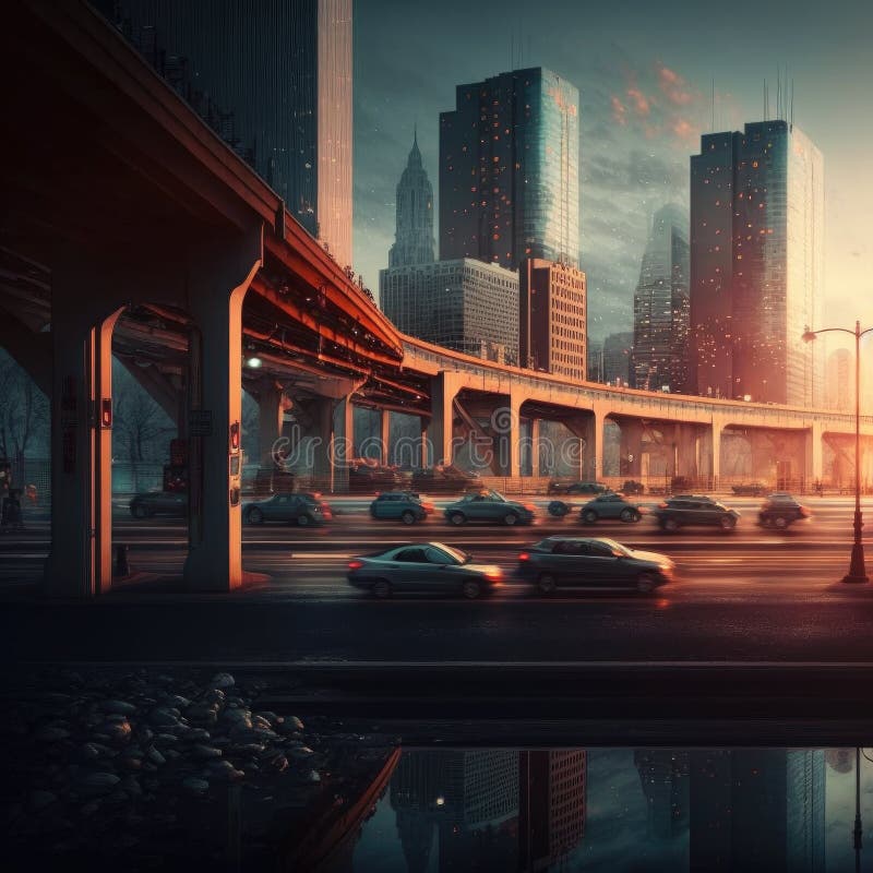 Ai Generated Image of Urban City with Overpass Bridge Busy Traffic ...