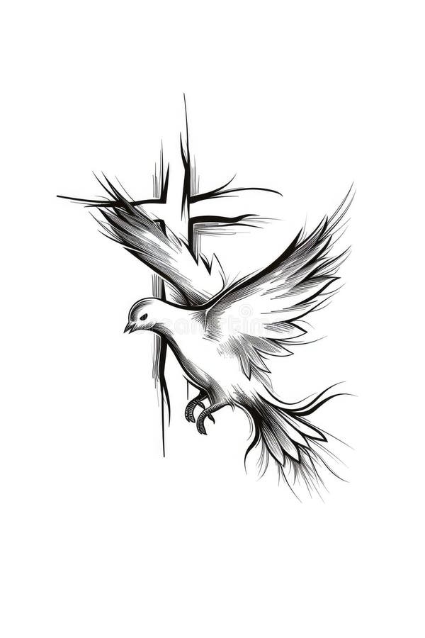 Vector Image of a Flying Dove and a Cross on a White Background. Line ...