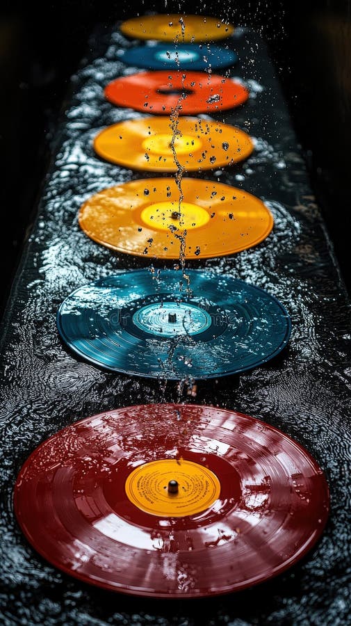 Colorful Vinyl Records Aligned in Water with Splashes and Reflections ...