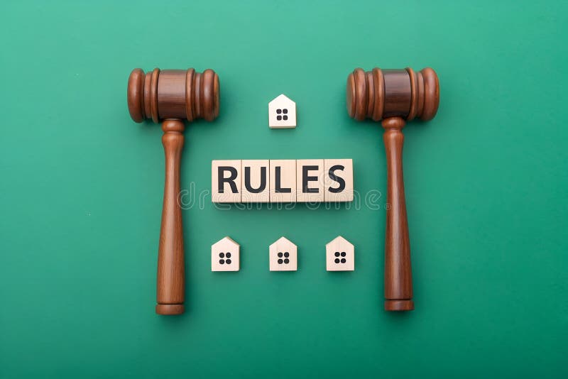 Legal Rules Concept with Wooden Gavels and House-Shaped Blocks on Green ...