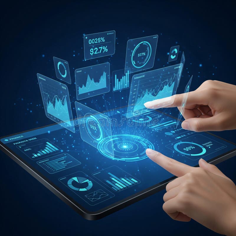 AI Generated Image of Hands Interacting with Futuristic Financial Dashboard Featuring ...