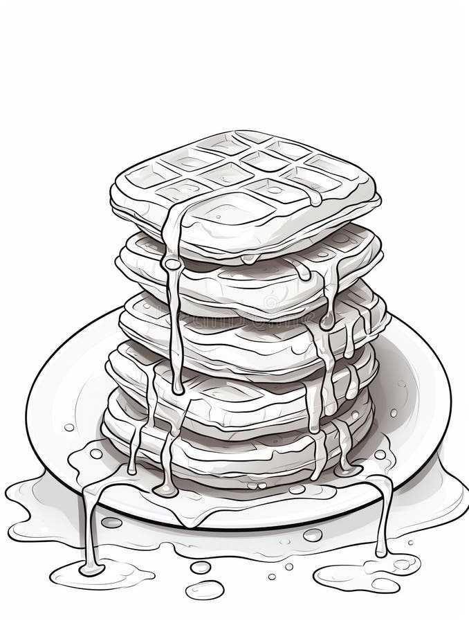 Waffle Stack with Syrup Tasty Dessert Coloring Book Page in Black and ...