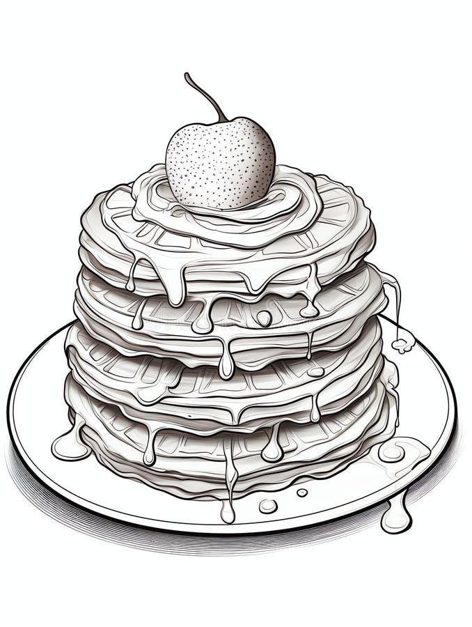 Waffle Stack with Syrup Tasty Dessert Coloring Book Page in Black and ...