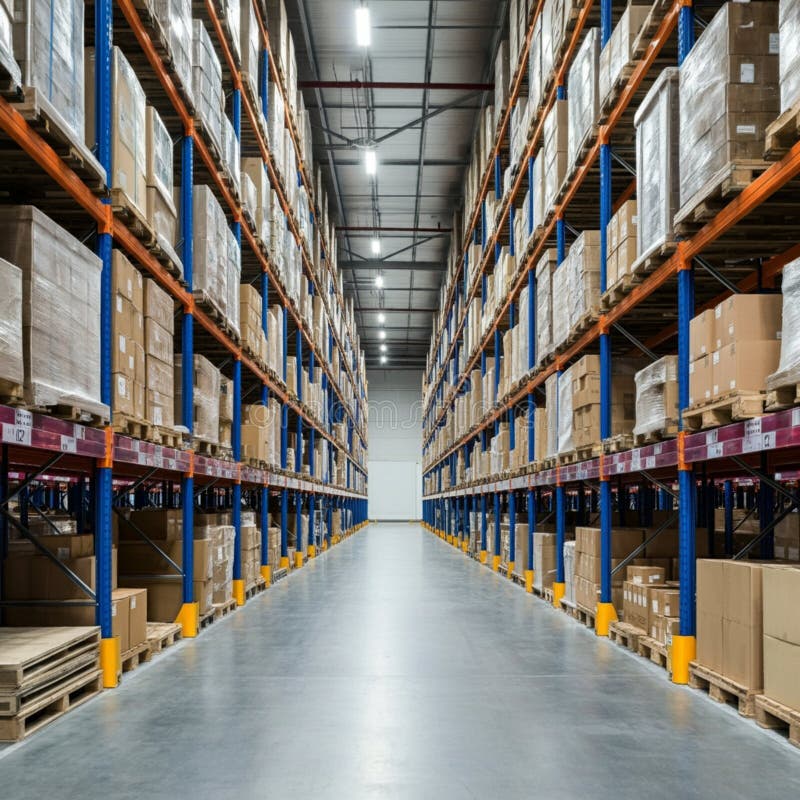 AI-Generated Image: Warehouse Aisle with Boxes on High Shelves Stock ...
