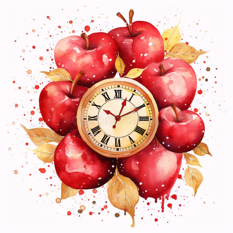 Watercolor Apple Clock Cottagecore Style Fruit Garden Tea Party Stock ...