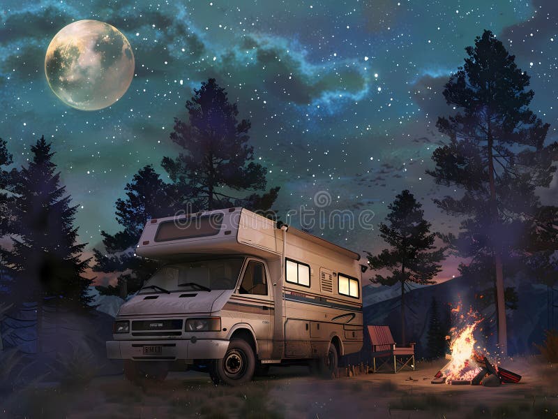 AI-Generated Image of a White RV is Parked in Front of a Campfire Stock ...