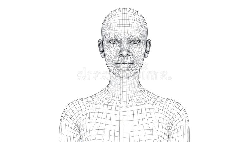 Wireframe Female Human, Head and Full Face Grid Shape Close Up on White ...