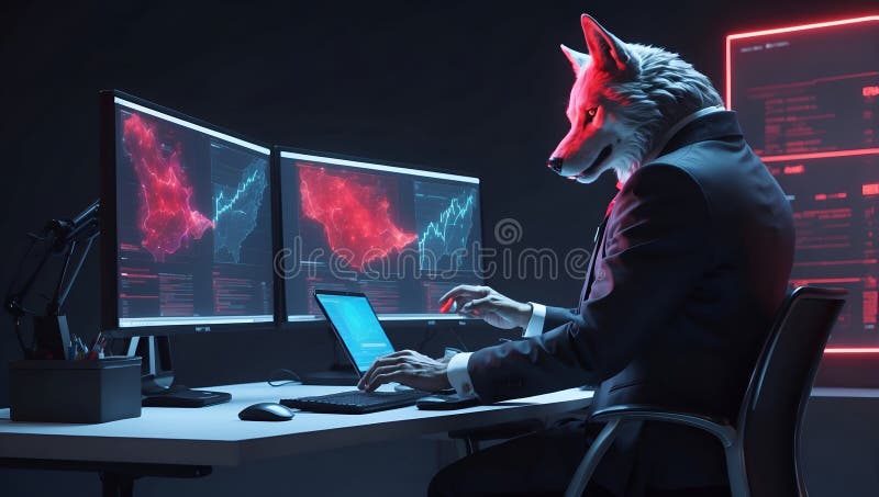Wolf Businessman Working with Stock Market Data on Computer in Office ...