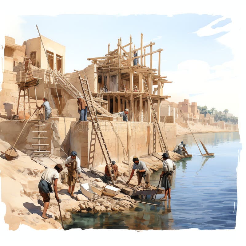 Workers Laboring on Construction Projects Along the Nile Illustration ...
