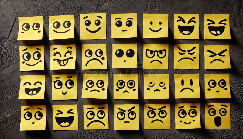Yellow Sticky Notes with Various Facial Expressions Displaying Emotions ...
