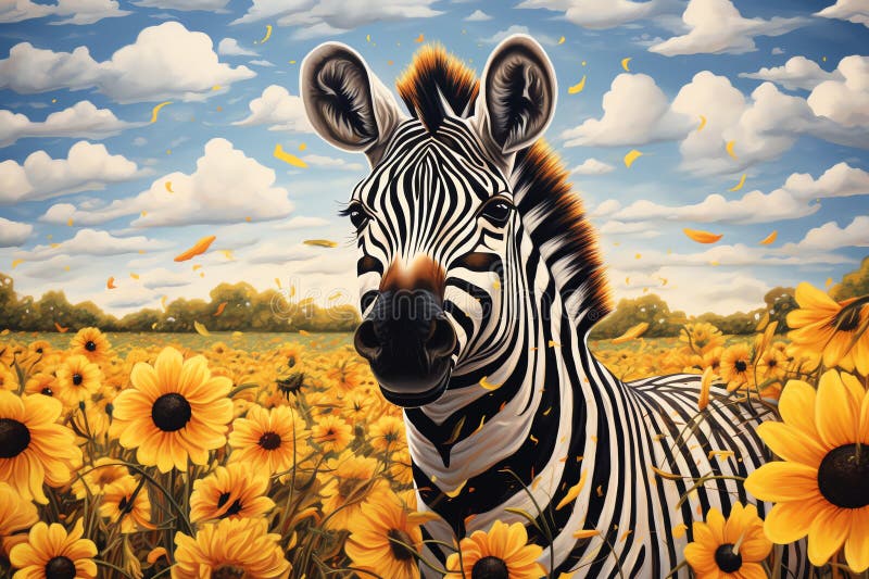 Zebra Standing in Sunflower Field Stock Illustration - Illustration of ...