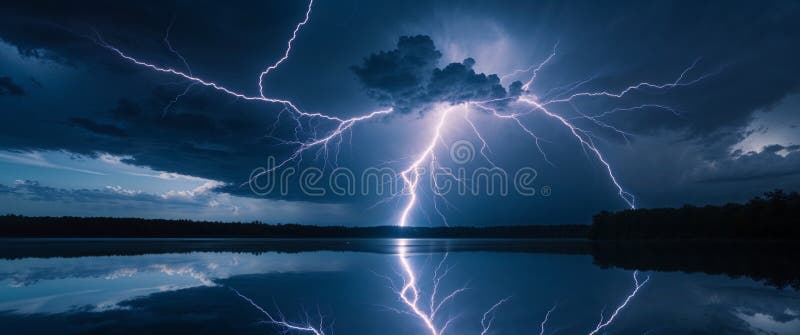 Intense Lightning Strike Illuminated Over Dark Lake during Nighttime ...