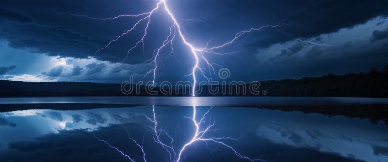 Intense Lightning Strike Illuminated Over Dark Lake during Nighttime ...