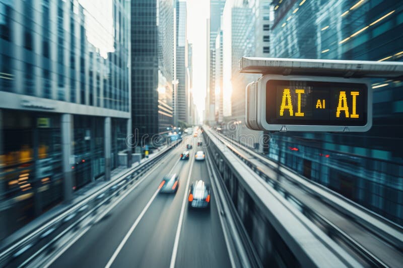 AI Interface with Urban Cityscape Background and Neon Lights Stock ...