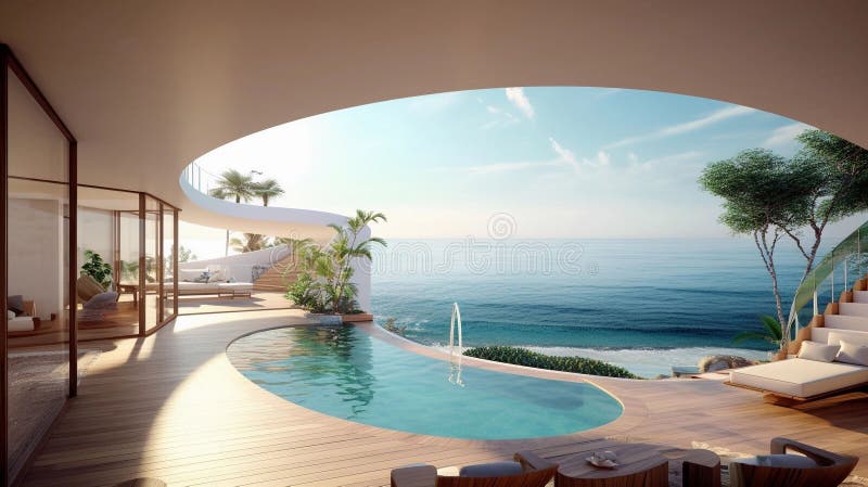 AI Generated Interior of Living Space with Backyard Pool Stock ...