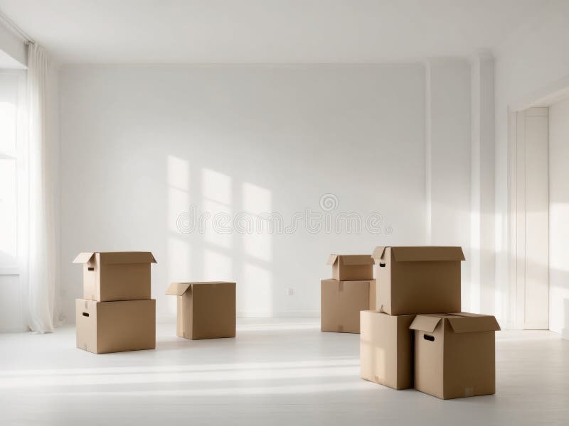 Interior with Moving Boxes in Empty White Room. Stock Image - Image of ...