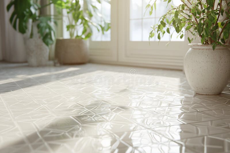 Glossy Geometric Tile Floor with Indoor Plants in Sunlight – AI ...