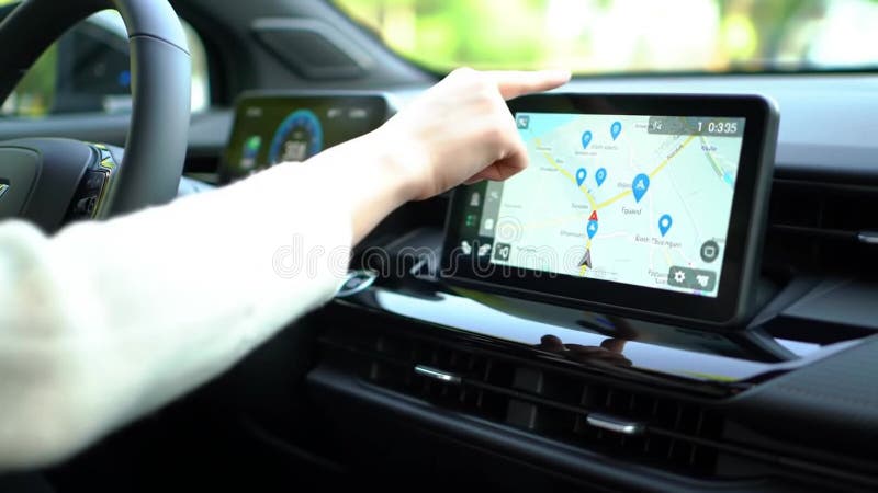 Car Interior Dashboard Navigation Touch Screen with Finger Interaction ...
