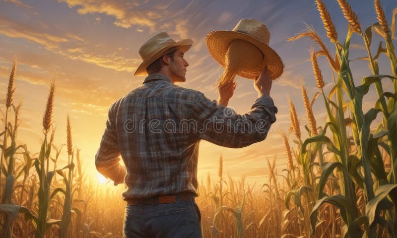 Man in Hat Standing Field Corn Stock Illustration - Illustration of ...