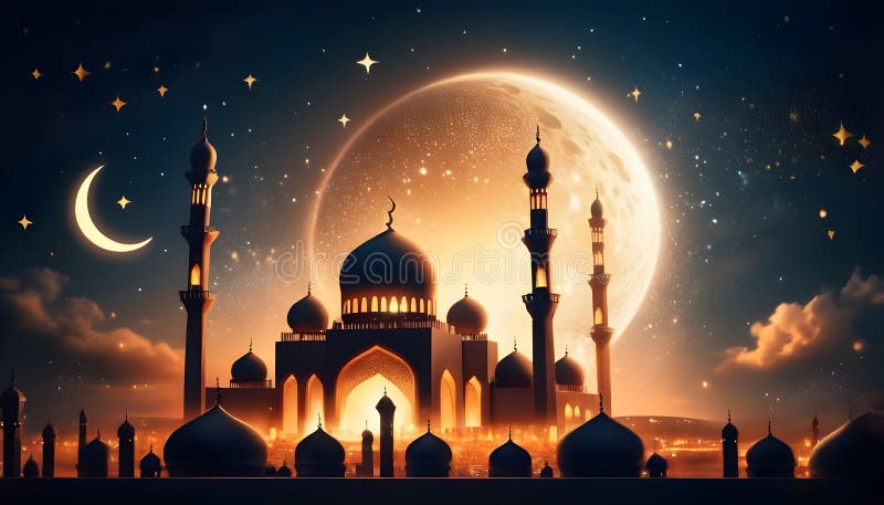 An Islamic Mosque at Night with Moon and Stars on Cloudy Night and ...