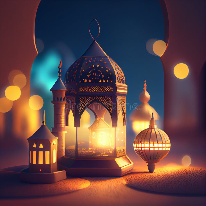 AI Generated. Islamic Ramadan Night. Cute Mosque and Lantern Stock ...