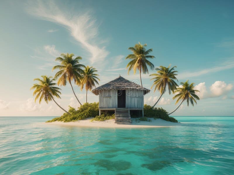 An Island with a Hut on it in the Middle of the Ocean. Stock Photo ...