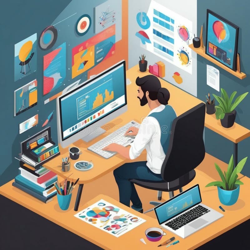 AI-Generated Isometric Graphic Design Studio with Designer at Work ...