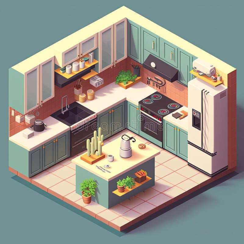 Ai Generated Isometric Space for Kitchen with All the Applicance Stock ...