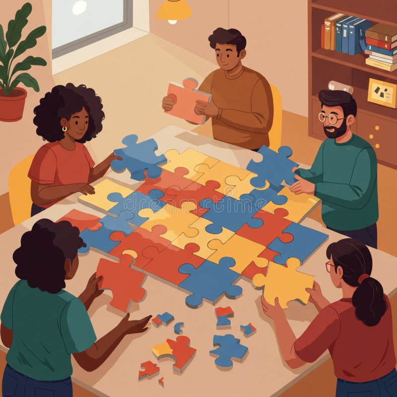AI-Generated Image of People Assembling a Large Puzzle in Isometric ...