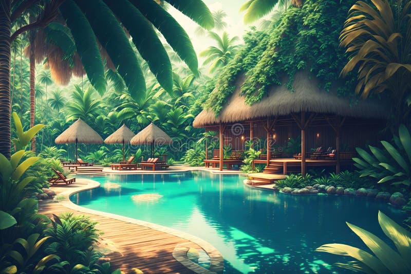 Jungle Resort, Summer Resort Pool by AI Generated Stock Illustration ...